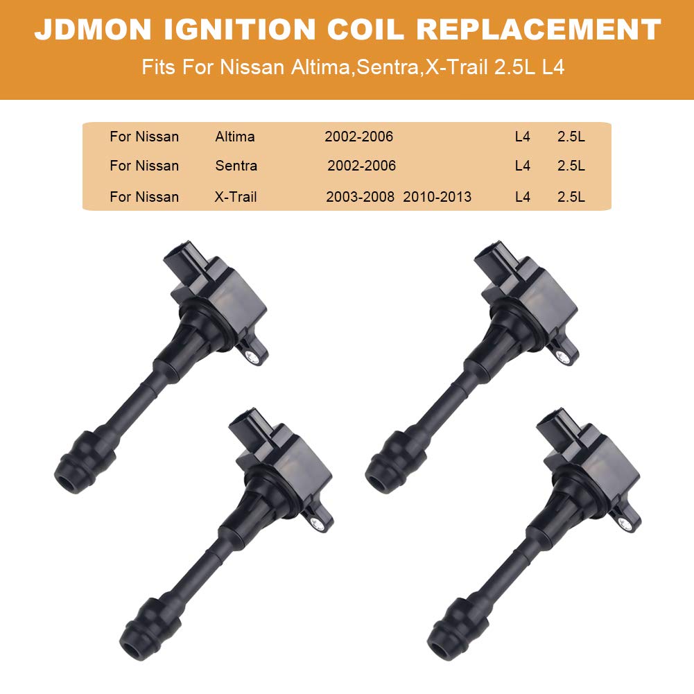 JDMON Ignition Coils Pack Compatible with Nissan Altima Sentra X-trail L4 2.5L 2002 2003 2004 2005 2006 2007 2008 Replaces 22448-8H315 22448-8H310 UF-350 C1398 Set of 4