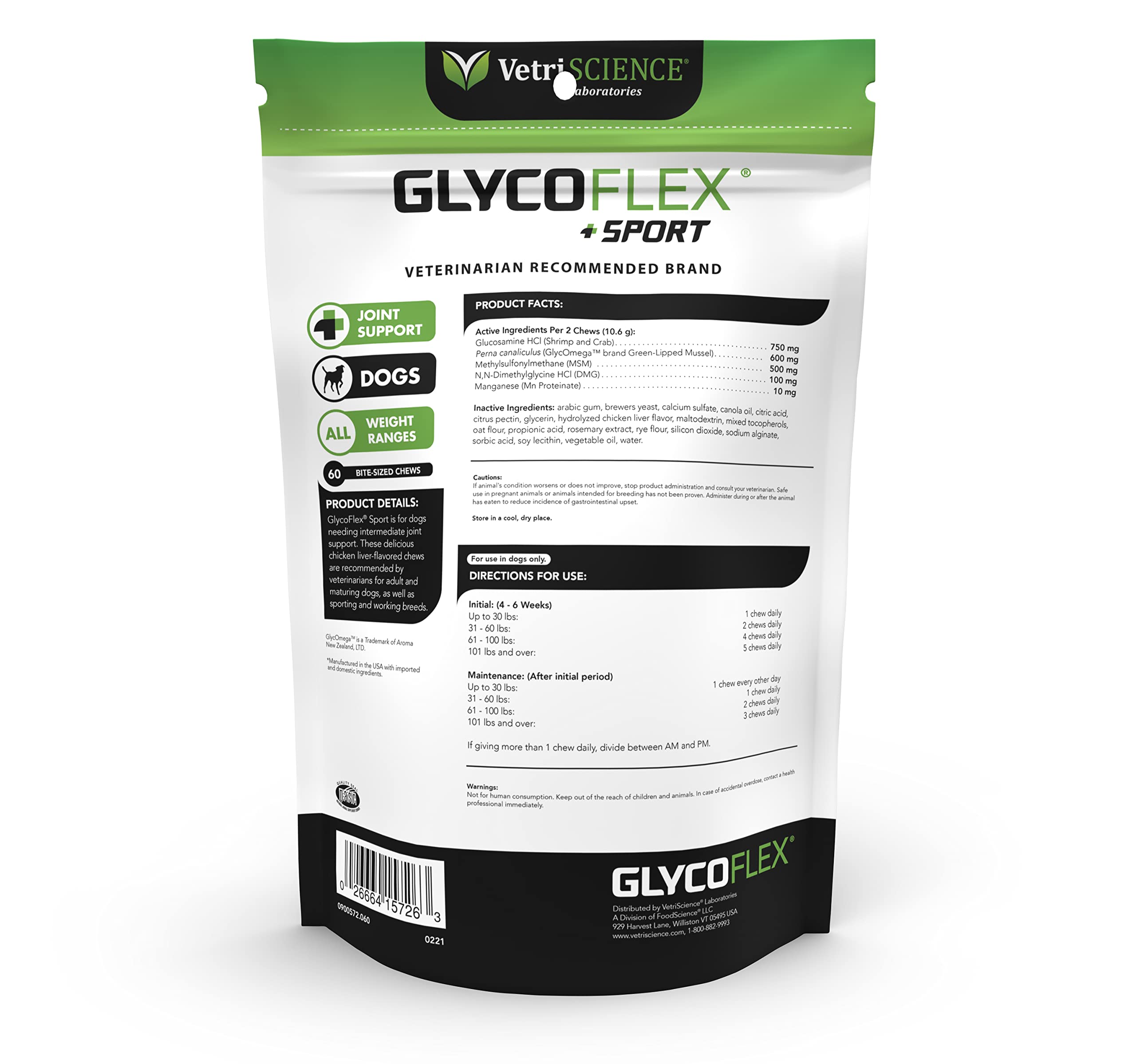 VetriScience GlycoFlex Sport Hip and Joint Supplement for Dogs β Joint Support Chews with Green-Lipped Mussel, DMG, and Glucosamine for Dogs, Chicken Liver Flavor