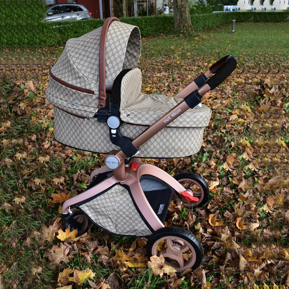 Hot Mom Baby Stroller: Baby Carriage with Adjustable Seat Height Angle and Four-Wheel Shock Absorption,Reversible,High Landscape and Fashional Pram (Grid)