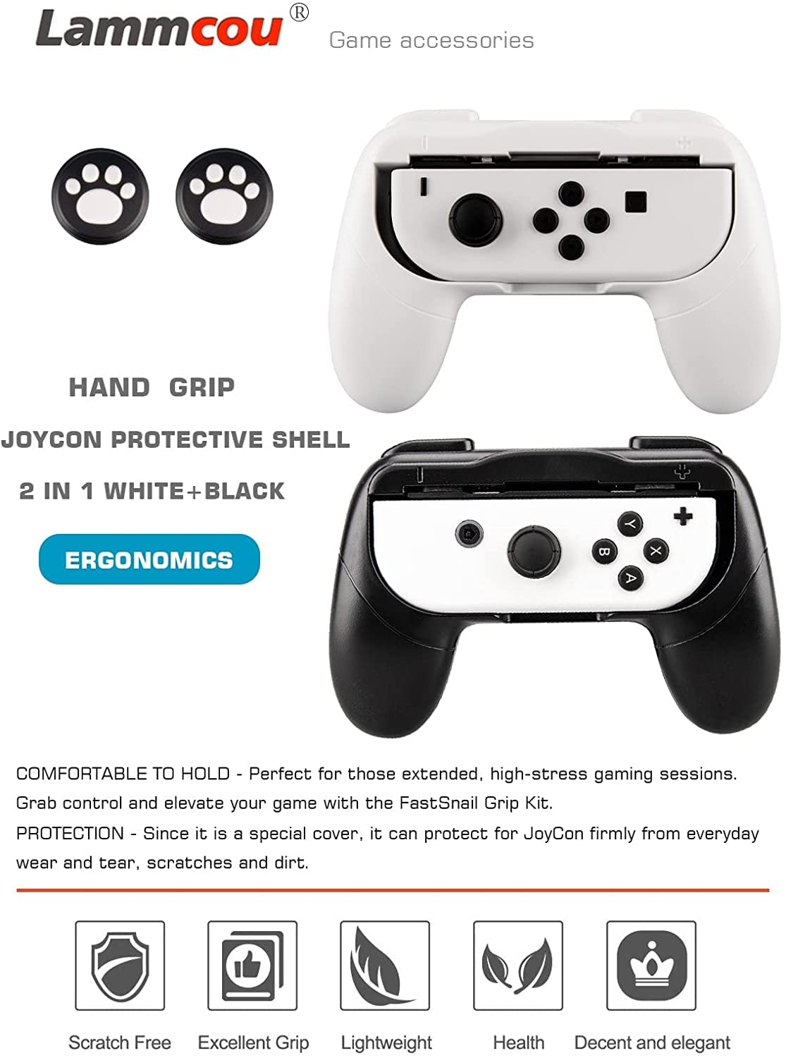 Lammcou Games Controller JoyCon Grip Kits for Switch, Ergonomic Switch Grip Handle Handheld Protective Case (Black-White)