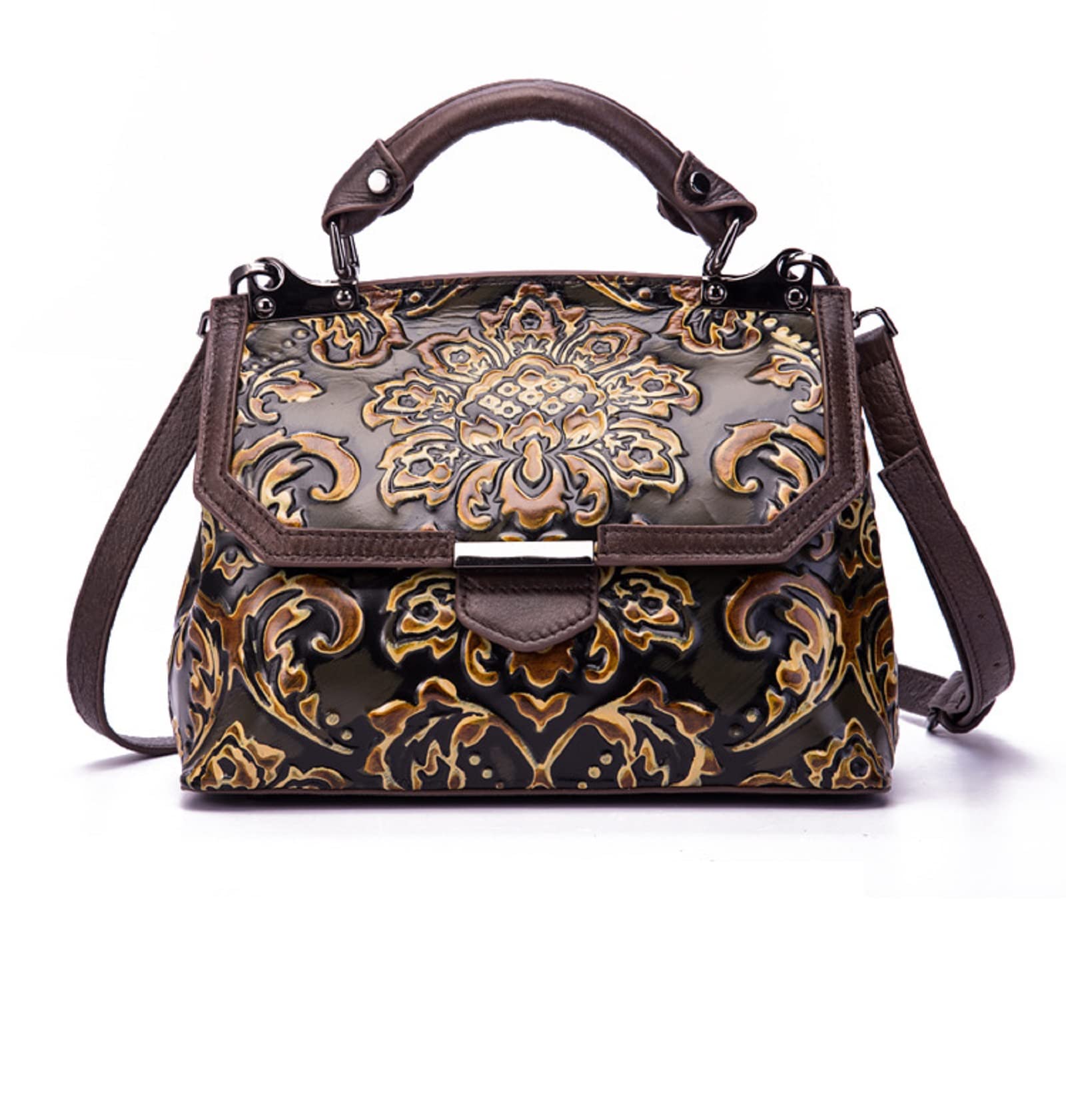 LMKIDS Genuine Leather Purses and Handbags for Women,Organizer Top Handle Satchel Vintage Embossing Totem Shoulder Bag (Coffee)