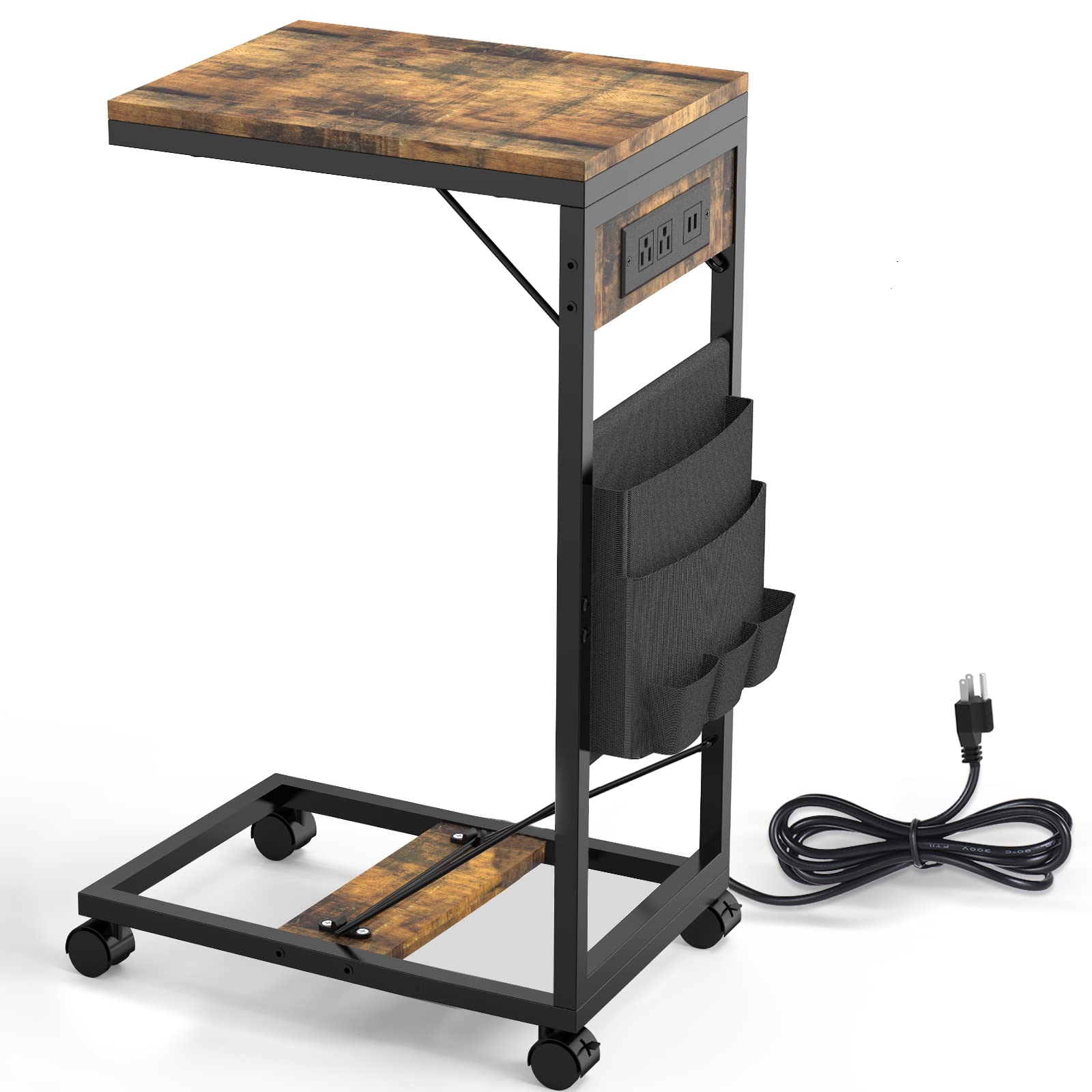Himix Pre Assembled C Table End Table, Foldable Side Table with Charging Station, Storage Bag, Wheels, Waterproof Rolling TV Tray Table for Bedside, Small Spaces, Couch, Bedroom
