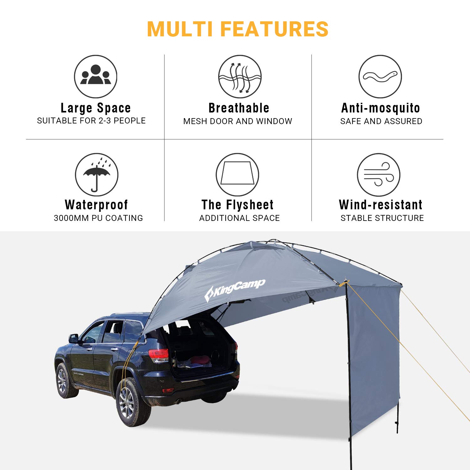 KingCamp SUV Tent Versatility Waterproof Car Awning Sun Shelter, Portable Auto Canopy Camper Trailer Sun Shade for Camping, Outdoor