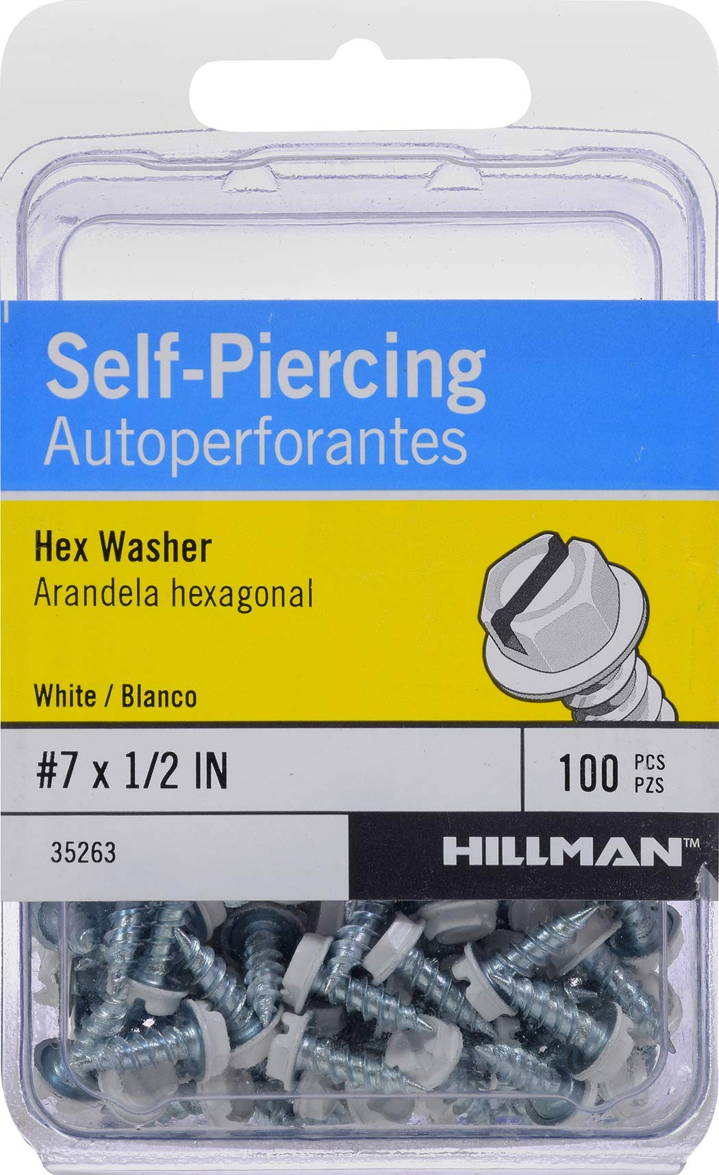 HILLMAN 35263 White Painted Hex Washer-Head Self-Piercing Screws (#7 x 1/2") - 100 pieces