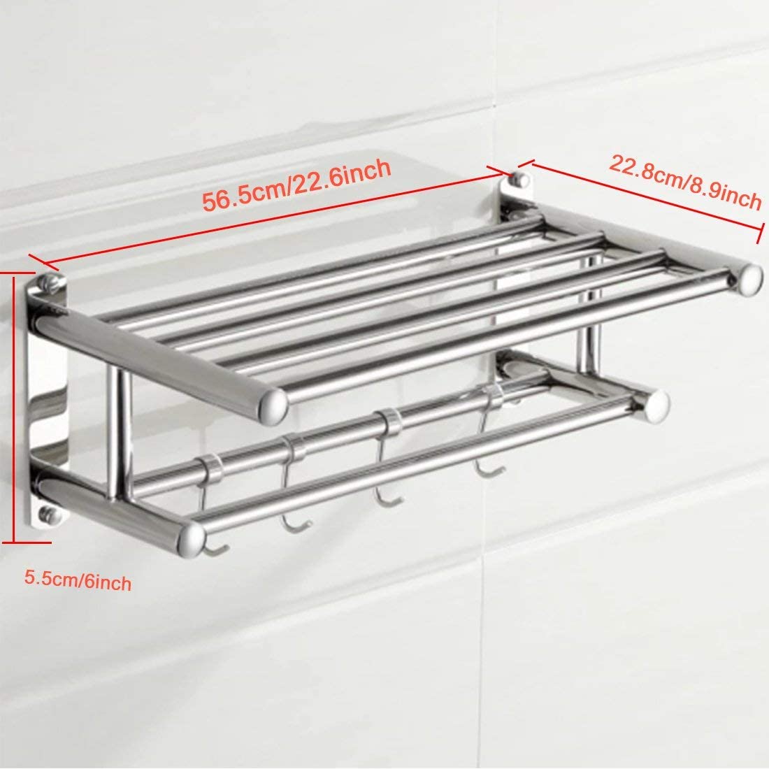 Towel Rails Wall Mounted Hotel Towel Shelf Storage Holder Compatible with 4 Hooks,Bathroom/Kitchen Towel Rack Stainless Steel for for Towels, Bathrobe, Tea Towels Towel Racks to Pursue Happiness