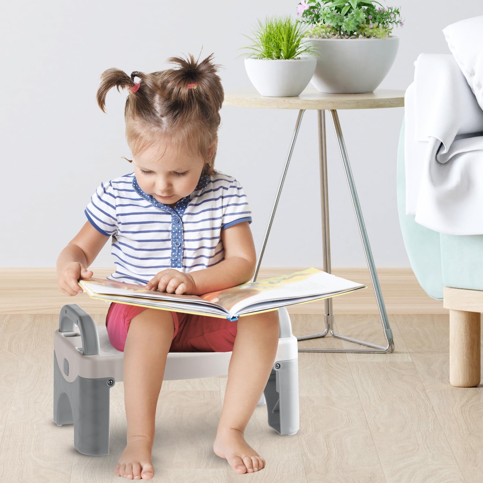 KinderSenseĀ® Foldable Step Stool for Kids with Handles - Toddler Folding Foot Stool for Bathroom Sink, Potty Training and More - Adjustable and Removable Handles
