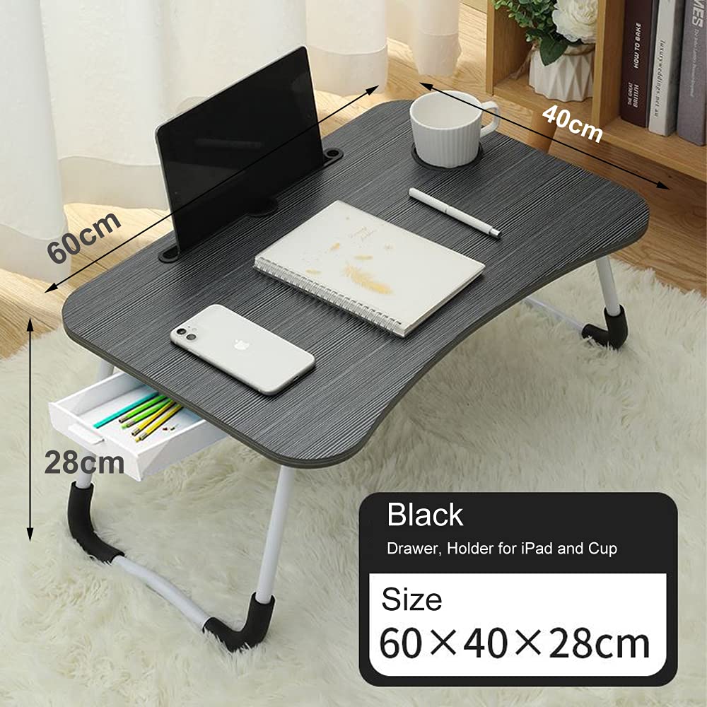 Home Office Lap Desk with Storage Drawer, Tablet and Cup Holders, Laptop Bed Tray Table, 23.6" Foldable Laptop Desk, Laptop Stand for Working, Writing, Gaming and Drawing, White Top White Legs