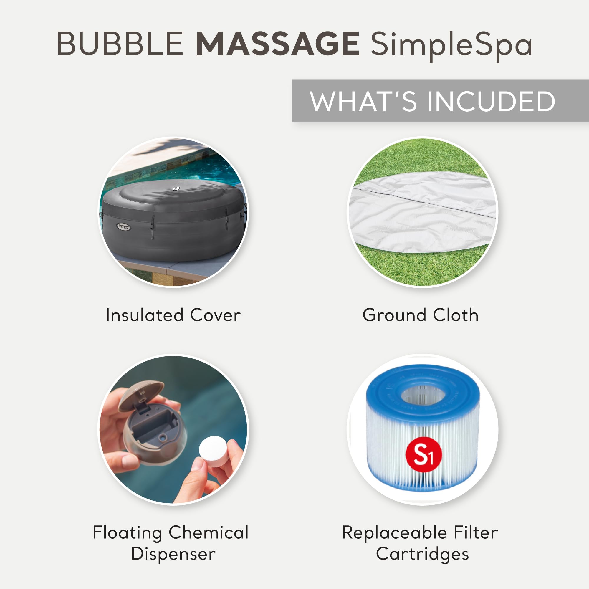 INTEX 28483E SimpleSpa Bubble Massage Spa: includes Insulated Cover β Built-in QuickFill Inflation β Soothing Jets β 4 Person Capacity β 77" x 26"