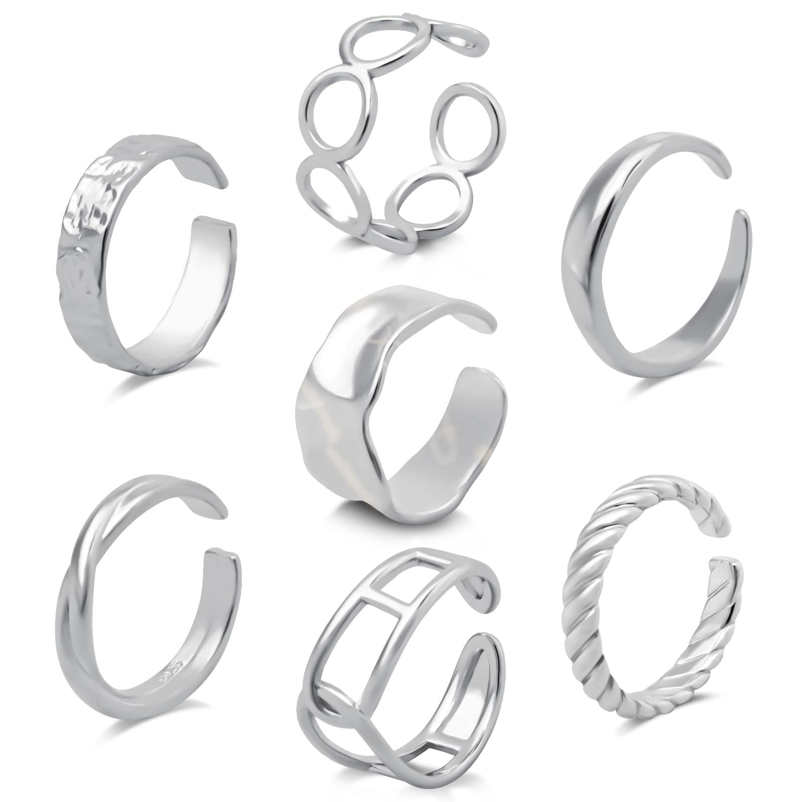 Landorilo 7PCS 18K White Gold Plated Rings Set Chunky Twisted Round Adjustable Open Rings Stackable Silver Rings for Women
