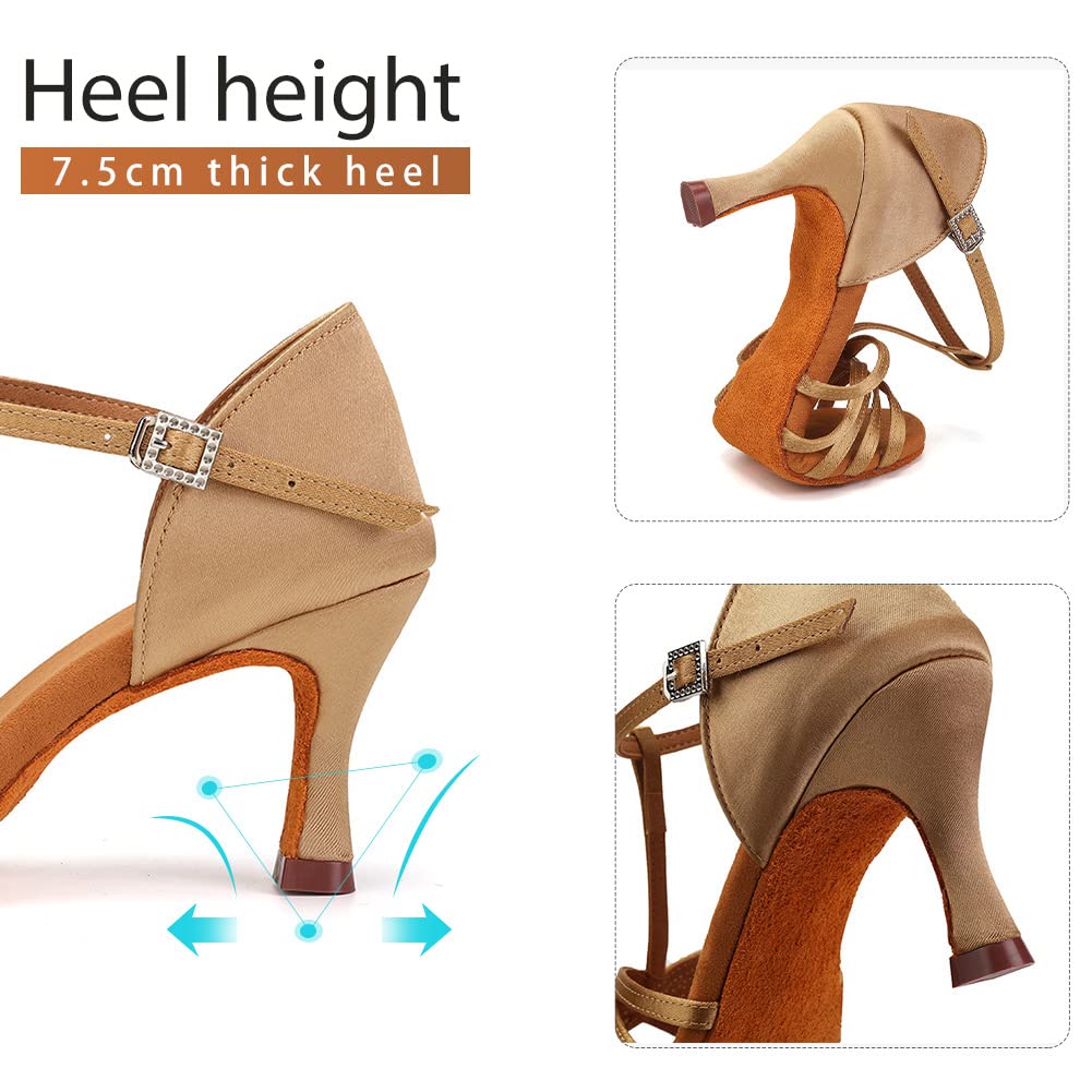 JUODVMP Women Latin Dance Shoes Beige Satin Ballroom Performance Salsa Tango Practice Dance Shoes 3inch High Heel Model WX217,5.5 US