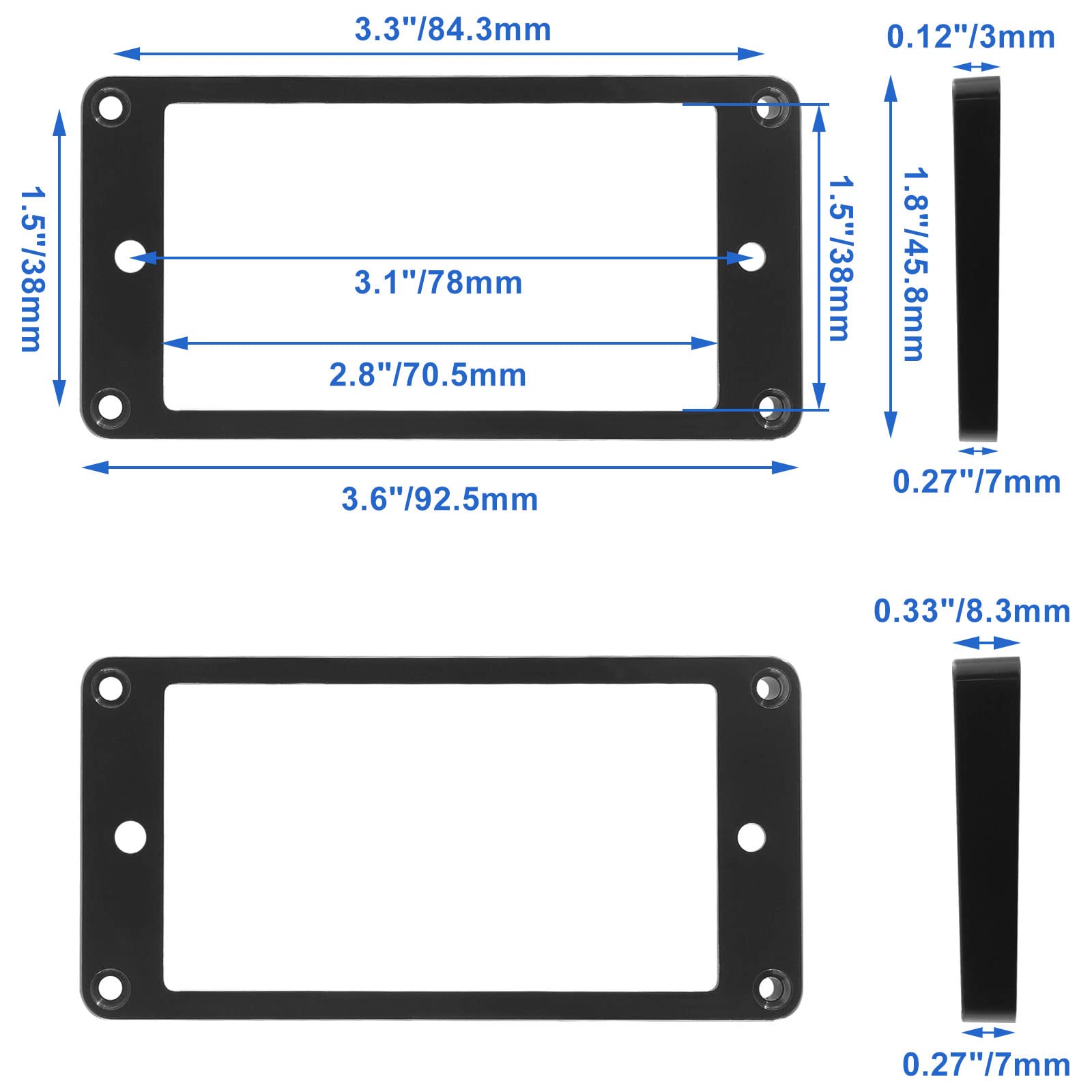 Jiozermi 2 Pcs Plastic Flat Bottom Humbucker Pickup Mounting Ring Set, Bridge Neck Pickups Cover Frame Replacement Part for Electric Guitar or Precision Bass, Black