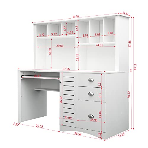 Ucloveria Computer Desk with Hutch,Home Office Wood Executive Desk with Drawers,Open Shelf,Writing Laptop Table with Keyboard Tray,File Cabinet Computer Desk for Bedroom,White