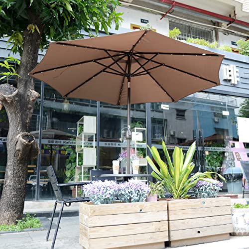 VILLACERA 83-OUT5421B, Beige Lighted Patio Shade β 9 Ft Outdoor Umbrella with 19lbs Weighted Base, Solar Powered LED, and Push Button Tilt β Backyard Canopy (Brown)