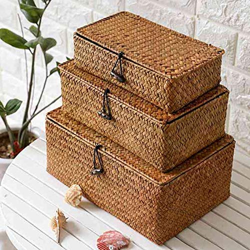 Jaquiain Woven Straw Storage Bins with Lid - 4 - Rectangular Seagrass Basket/Storage Basket for Shelf Organizer