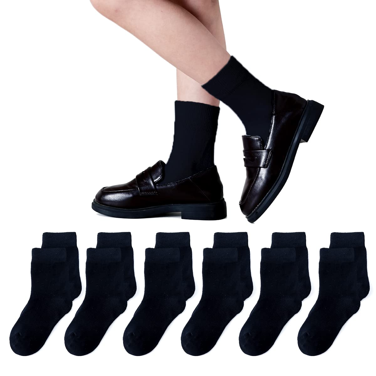 Marchare Girls Crew Socks Seamless Kids Socks Cotton School Socks Navy 6 Pack