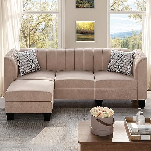 Shintenchi Upgraded Convertible Sectional Sofa Couch, 3 Seat L Shaped Sofa with High Armrest Linen Fabric Small Couch Mid Century for Living Room, Apartment and Office (Beige)