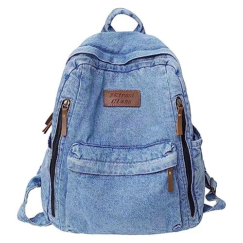 KAOBIO Denim Backpack for Women Men Vintage Grunge Backpack Blue Jeans Laptop Backpack Retro Rucksack for Travel Work (Blue,One Size)