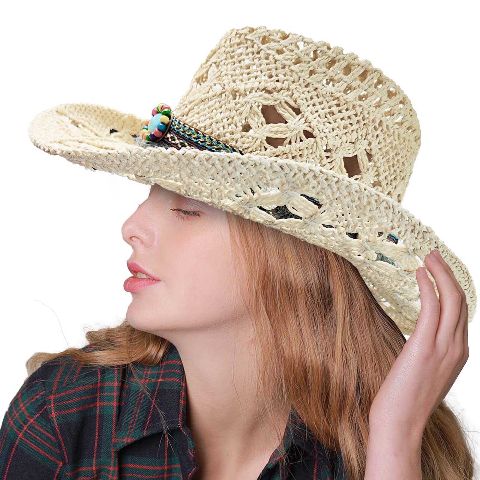 LLYONE Straw Cowboy Hat for Women Wide-Brimmed Western Cowboy Cowgirl Multi-Functional Sun Hat for Summer