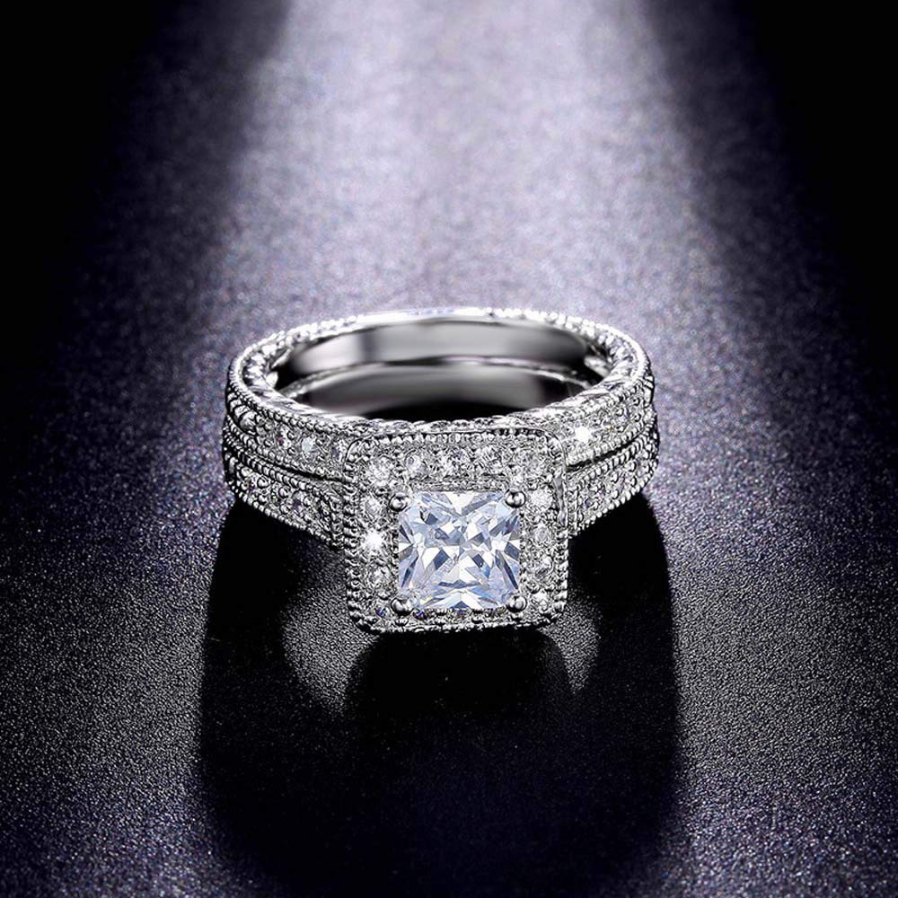 Koguxuix Fashion Jewelry Princess Cut 1ct Square Shiny CZ Crystal 10KT White Gold Wedding Ring Set Band (7)