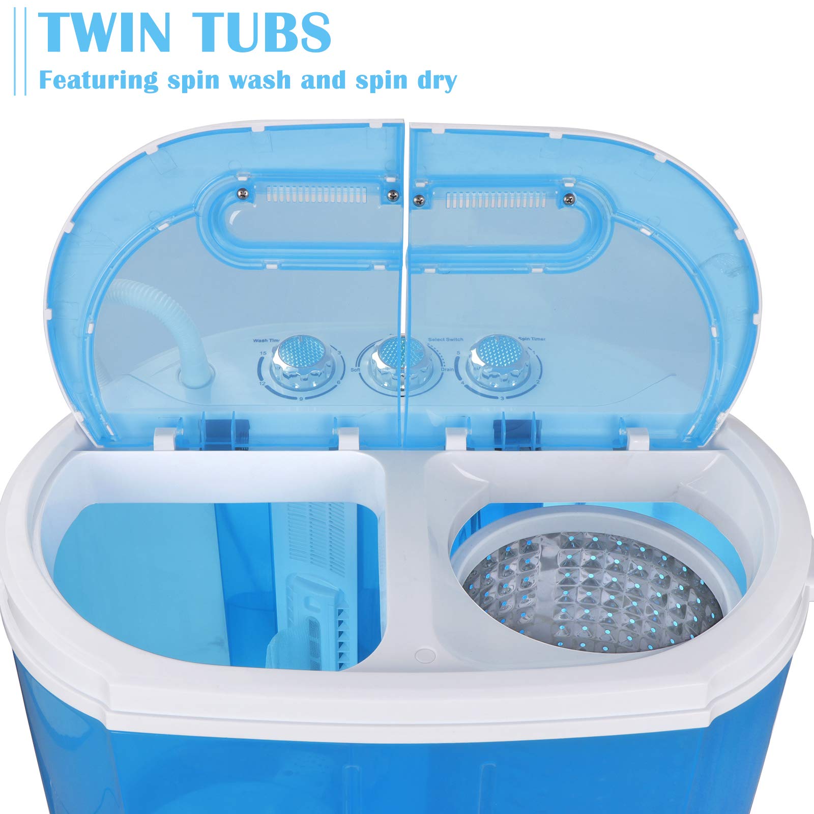 JupiterForce Portable Clothes Washing Machines with Drain Pipe, Mini Compact Twin Tub Spin Dryer Laundry Machine for Bathroom, Dorms, Apartments, Blue