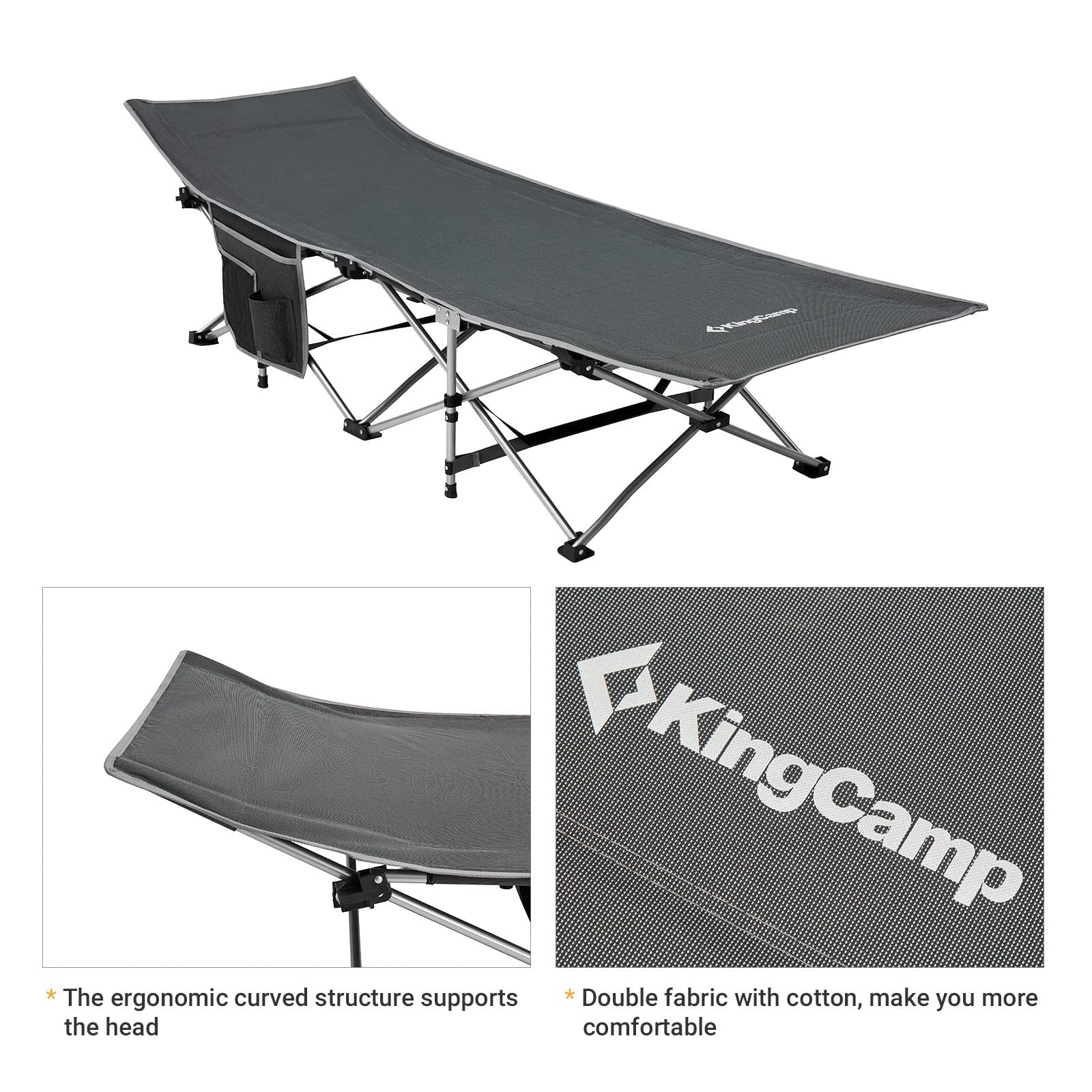 KingCamp Folding Camping Cot Lightweight Sleeping Cot Portable with Carry Bag Double Layer 1000D Sturdy Cot Heavy Duty Camping Bed for Adults Outdoor Travel, Hiking, Office Support 265lbs Gray