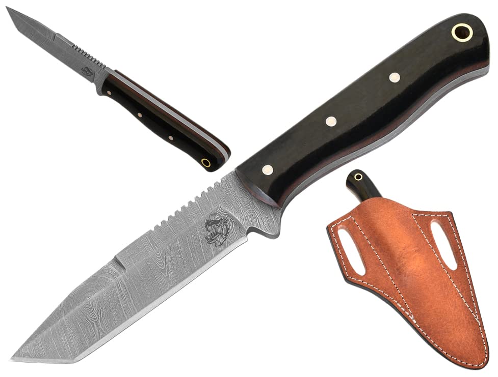 Knives Ranch ECD Fixed Blade Knife, Tanto Point, Damascus Steel, Black Burlap Micarta Handle Fine Quality 45 Degree Sheath Snug Fit (3184-M)