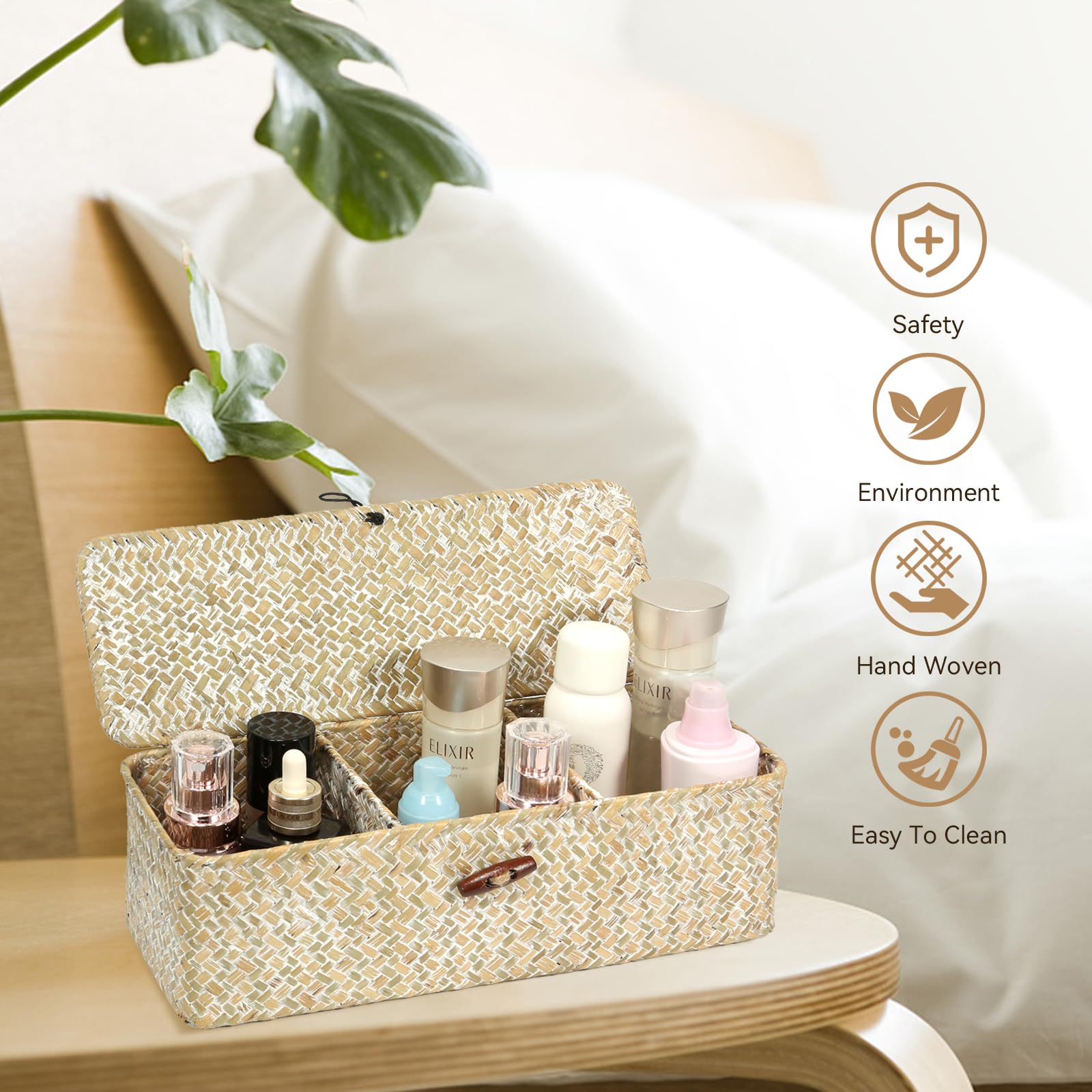 YIFANZHIBIAN Decorative Storage Basket with Lid, Rectangular Small Shelf Baskets Bin, Hand-woven Seagrass Storage Baskets with 3 Sections for Shelves Organize and Store