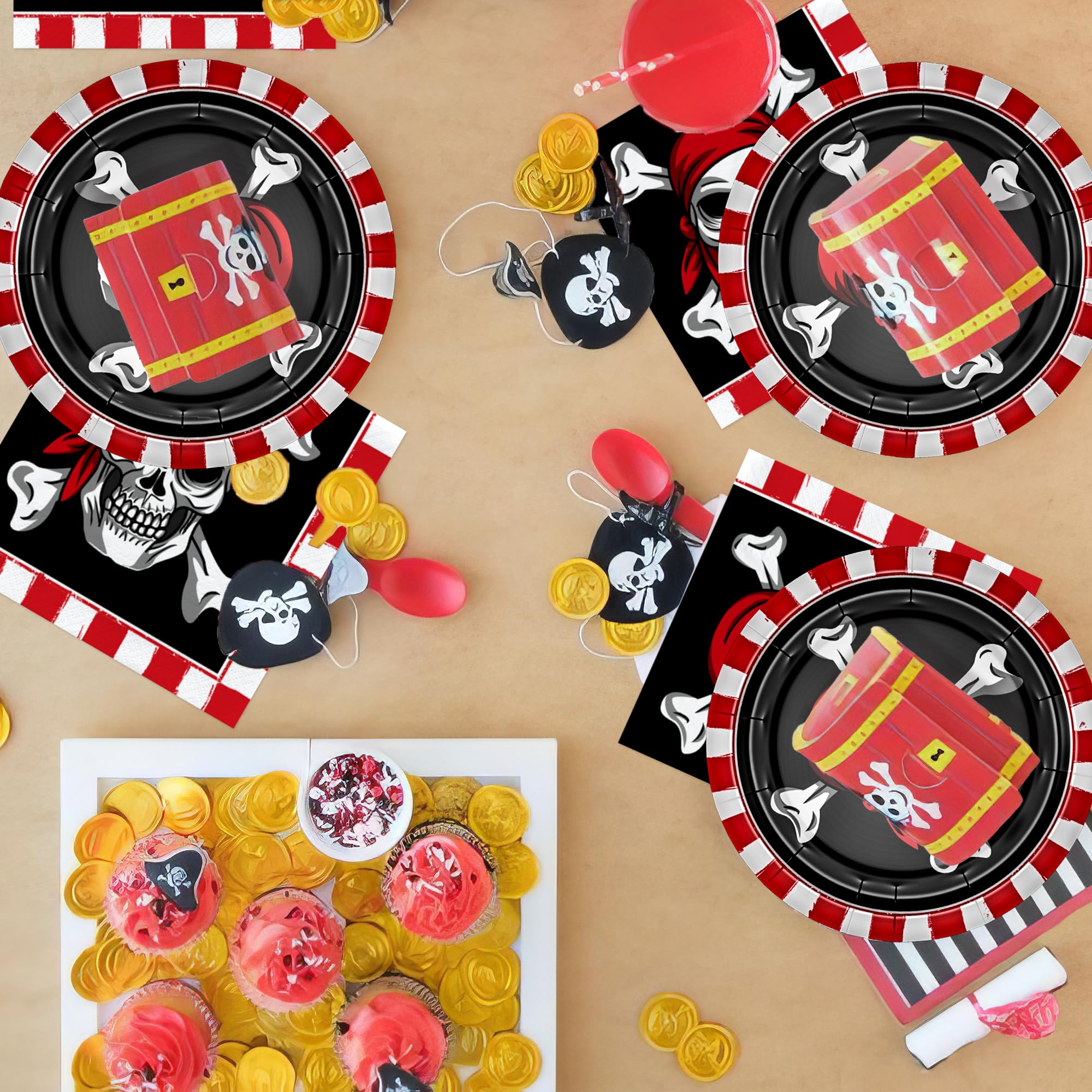 HIPVVILD Skull Pirate Birthday Party Supplies - Pirate Party Decorations Tableware, Plate, Cup, Napkin, Skull Theme Pirate Crossbone Plates And Napkins Party Decorations Dinnerware | Serve 24