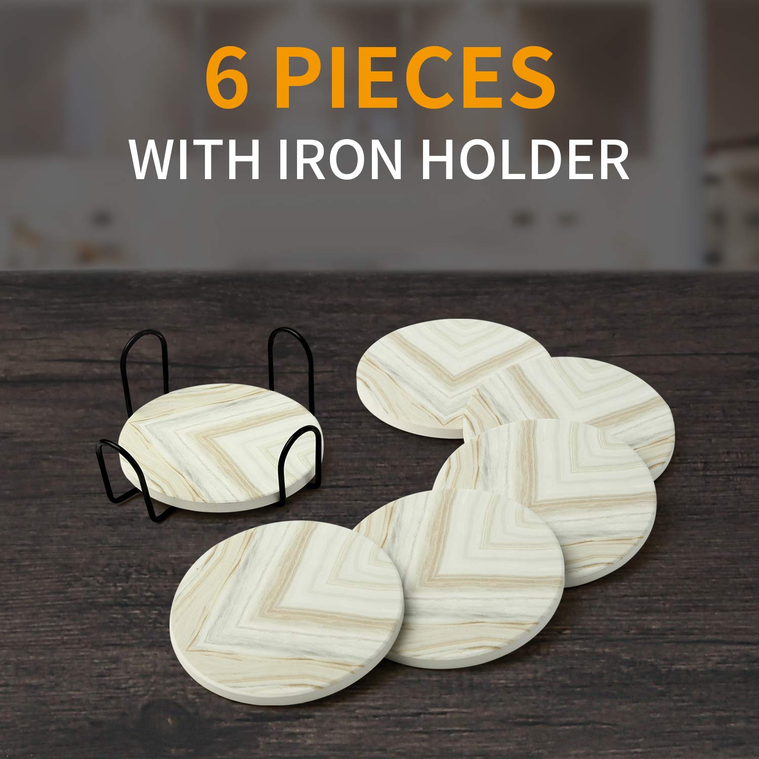 Joda Absorbent Drink Coasters Sets with Holder, Ceramic Stone Coasters with Cork Base, 6 Pcs Novelty Gift Set, 4 Inches Suitable for All Kinds of Mugs and Cups for Home, Office