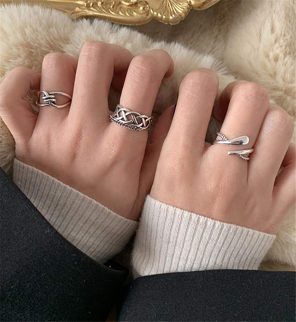 Jemant Ring For Women Adjustable Silver Hip Hop Kpop Fashion Twist Chain Rope Unique 3 Pc Stacked Ring Set (Silver)