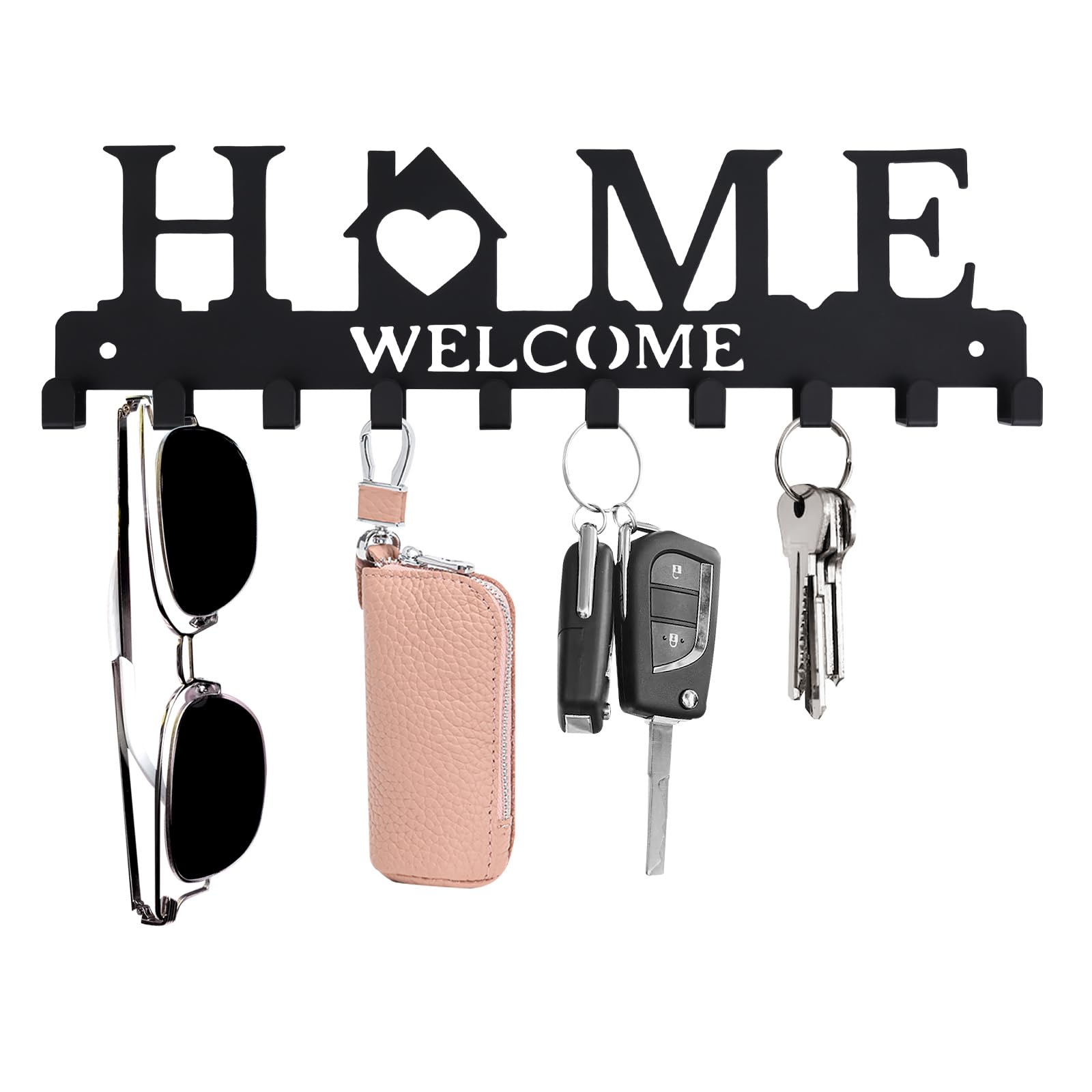 HOMEBROS Key Holder Wall Mount, Black Metal Key Hanger Adhesive Key Rack Organizer with 10 Key Hooks Wall Decorative for Entryway Doorway Hallway Garage 2 Installation Methods