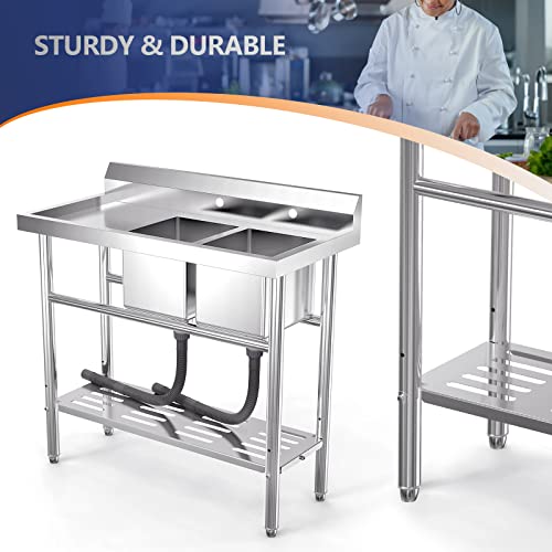 VINGLI 39" W 2 Compartment Commercial Sink with Drainboard, Double Basin Sink and A Shelf Underneath, 304 Stainless Steel Table with Sink, Freestanding Utility Sink and Countertop for Restaurant, Shop
