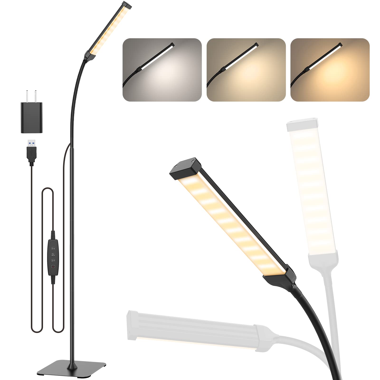 iFalarila Floor Lamp, Reading Lamps Floor Standing [120 LEDs with 3 Color Mode 3000K-6000K & 10 Brightness Setting] Dimmable Desk Light with Flexible Gooseneck for Living Room Bedroom Office