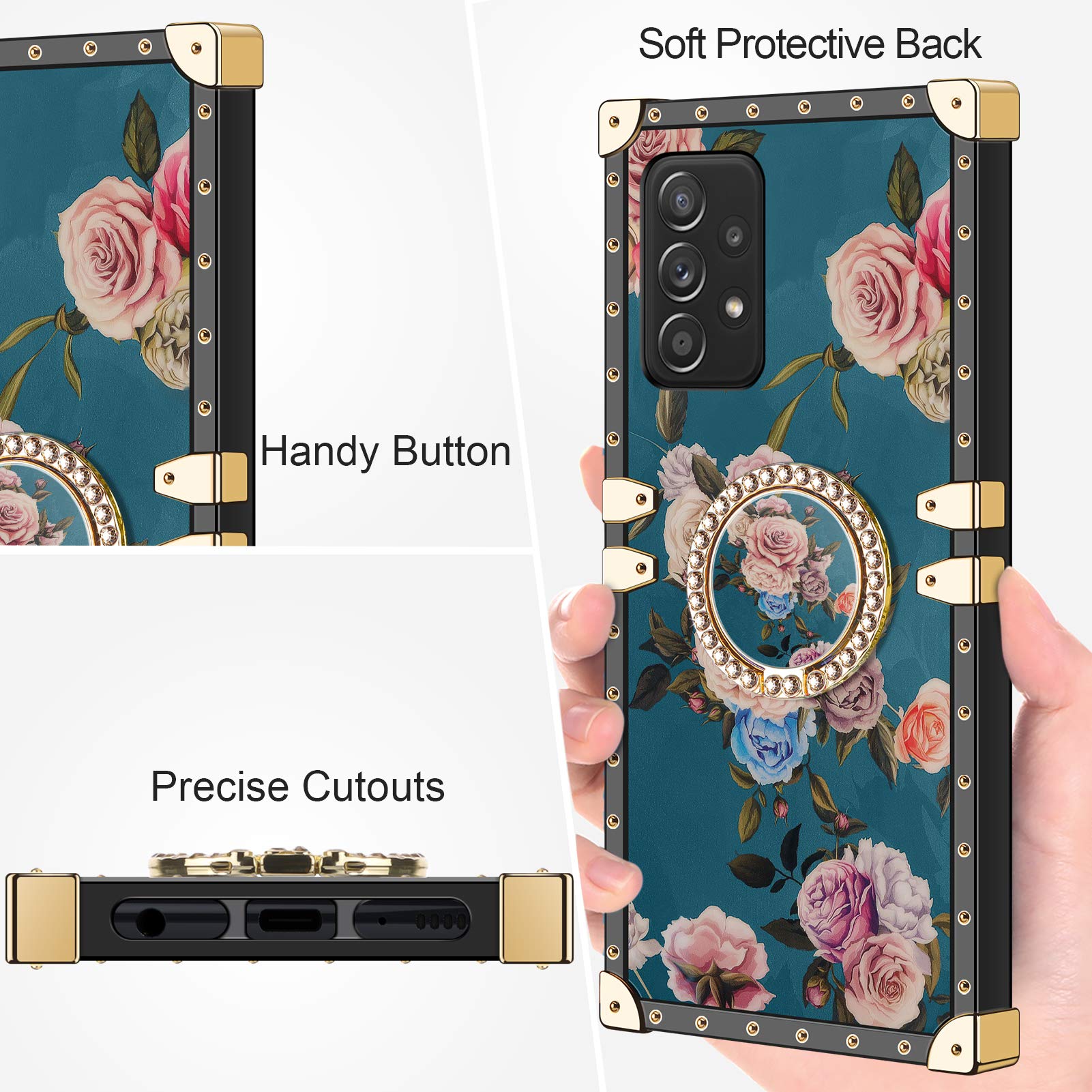 HoneyAKE for Samsung Galaxy A52 5G Case with Ring Stand Holder Floral Elegant Soft TPU Reinforced Corner Shock-Absorbing Protective Cover Square Case Compatible with Samsung Galaxy A52 6.5 inch Peony