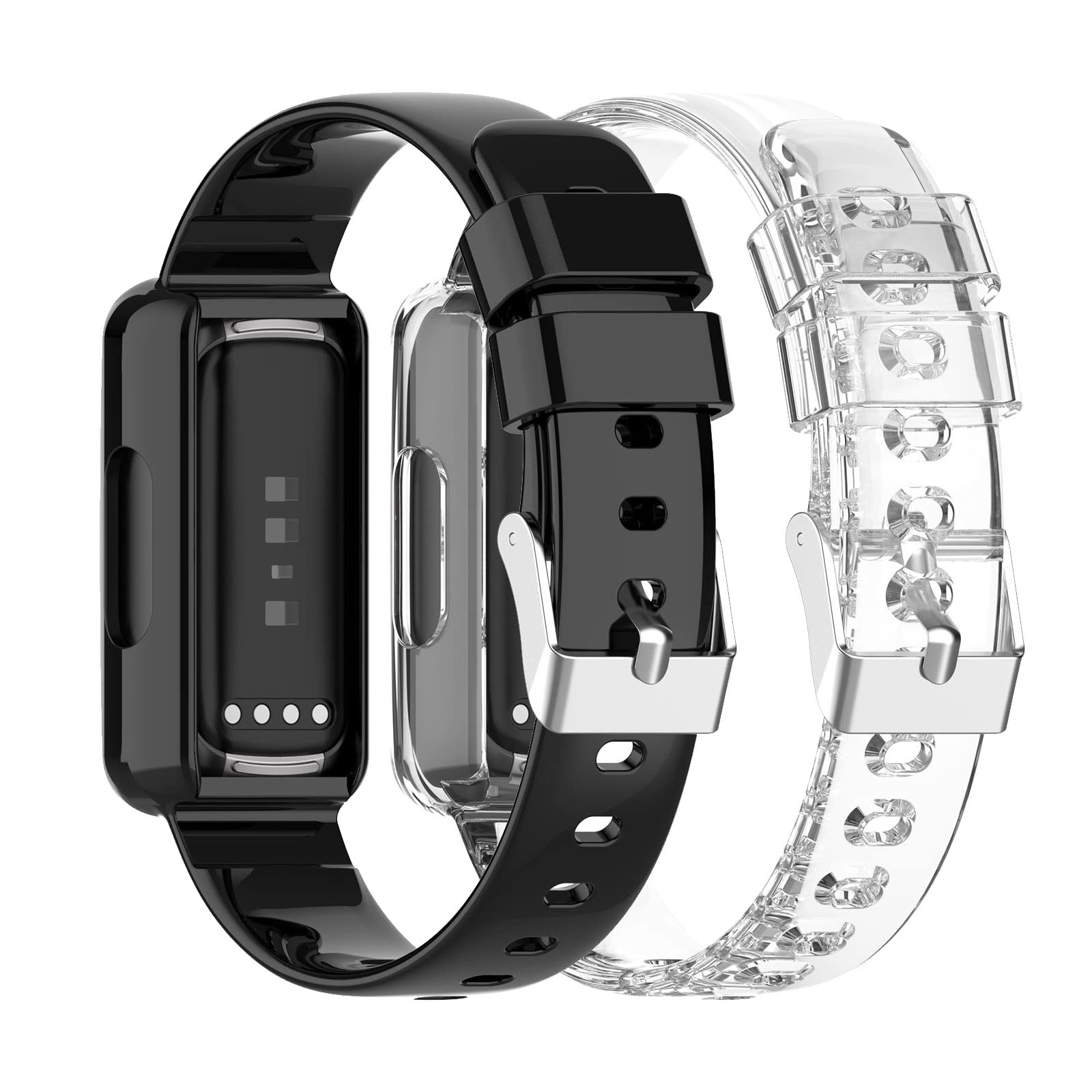 Kakurookie 2 Pack Compatible with Fitbit Luxe/Inspire/Inspire HR/Inspire 2/Ace 2/Ace 3 Bands with Case Shockproof Rugged Band Strap with Protective Bumper Case Men Women (Clear + Black)