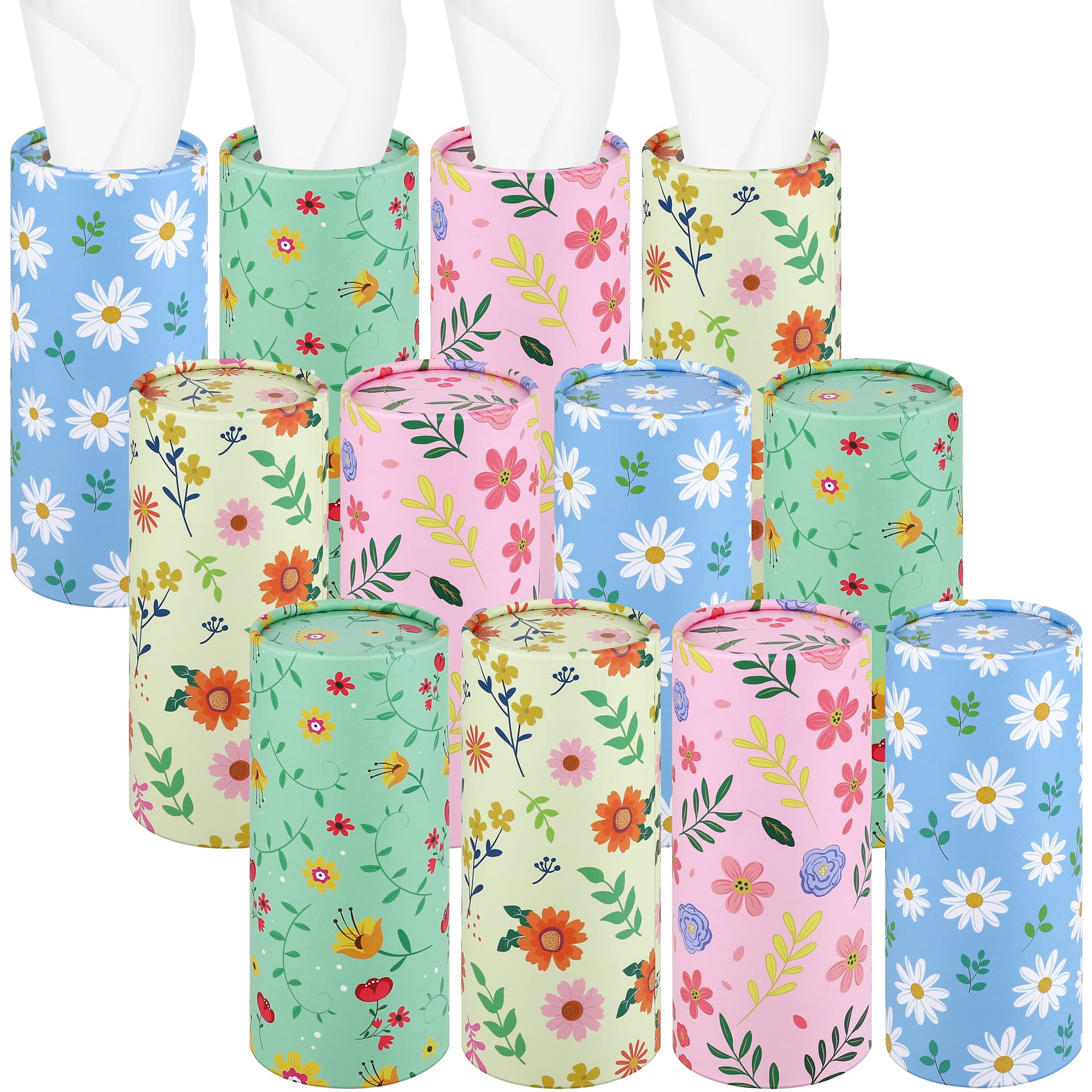 Shojoy 12 Pieces Spring Flowers Car Tissues Box Spring Floral Car Tissues Cylinder in 4 Design Refill Round Car Tissue Holder with Facial Tissues for Wedding Birthday Party Car Cup Holder Travel Home