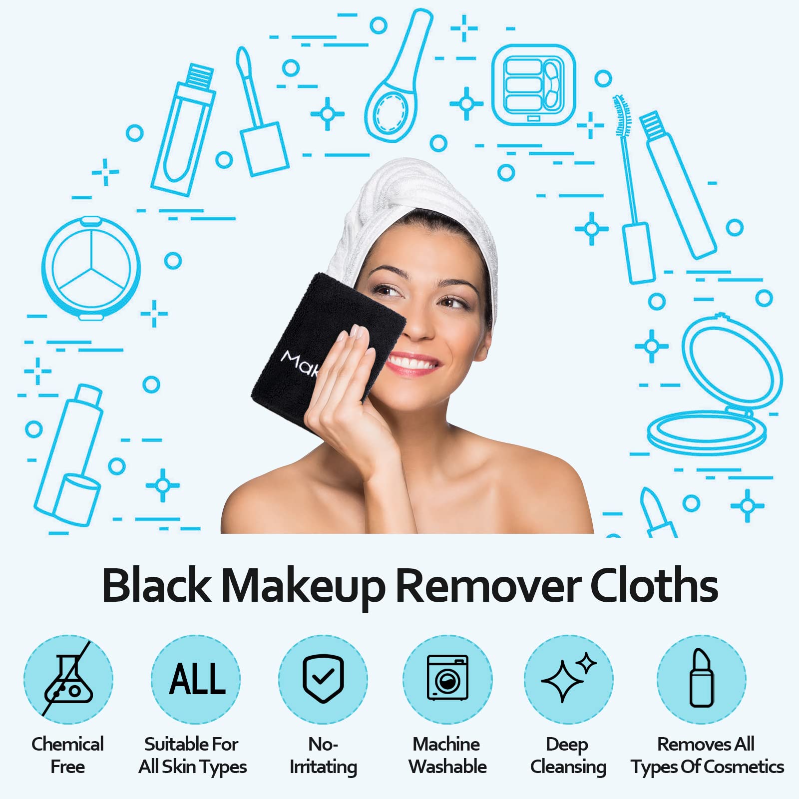 HOMEXCEL Makeup Remover Cloth 6 Pack,Premium Washable Soft 13x13 Inch Facial Cleansing Makeup Towels,Quick Dry Microfiber Face Towels Washcloths For All Skin Types,Black