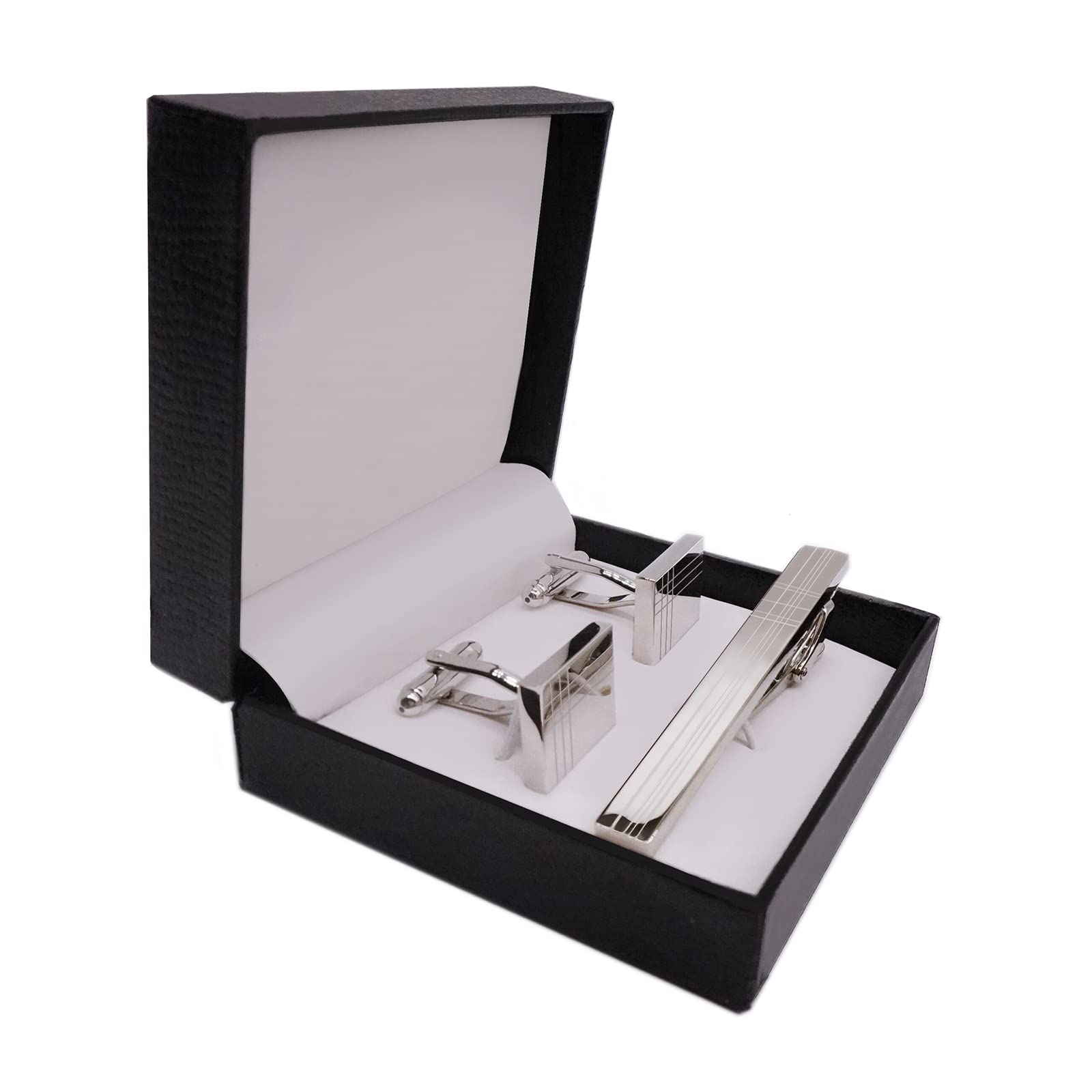 JENLING Tie Clip Cufflinks Set for Men with Box Laser Stripes Silver Tone Tie Bar Tie Clasp