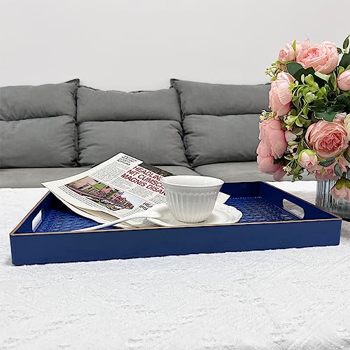 Umisriro Navy Blue Serving Tray with Handles, Plastic Decorative Tray for Ottoman, Coffee Table, Living Room, Kitchen 15.7βx10.2β