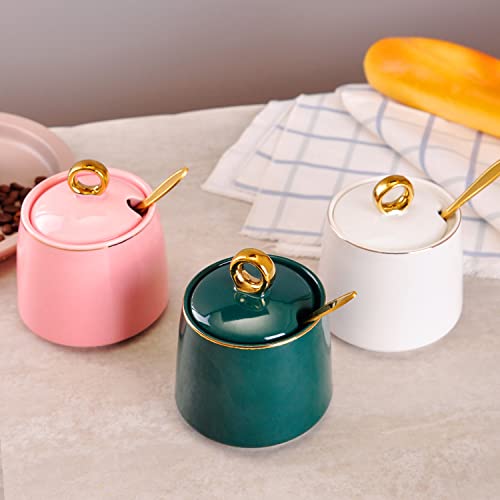 WHJY Ceramic Sugar Bowl with Lid and Spoon, Simple White Clear Porcelain Salt Bowl Salt Container, Modern Spice Box Seasoning Jar for Home and Kitchen Coffee Bar - Pink
