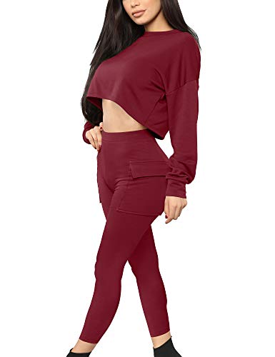 Kaximil Women's Workout 2 Piece Outfits Long Sleeve Crop Top Legging Pants Jogger Set Tracksuit, Large, Wine Red