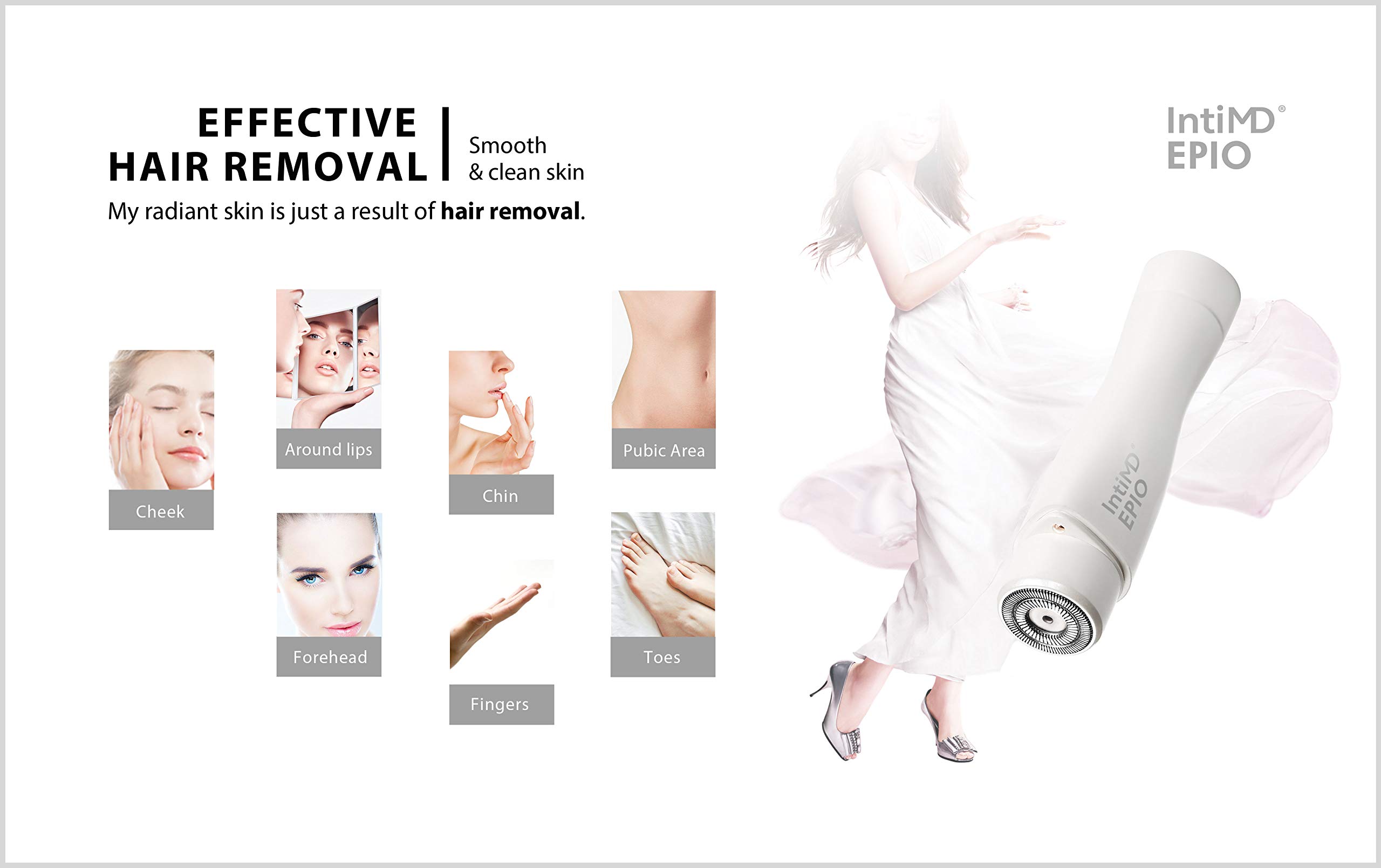 IntiMD EPIO Portable Compact Discreet Hair Remover, Painless, Safe, Gentle, Remove Peach Fuzz, Last Minute Touchups, Built in Light