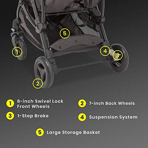 Jeep Gemini Stroller by Delta Children - Full of Features: Easy One-Hand Fold, Recline, Lightweight, Oversized Canopy, 2 Cup Holders, Shock Absorbing Frame, Grey Tweed