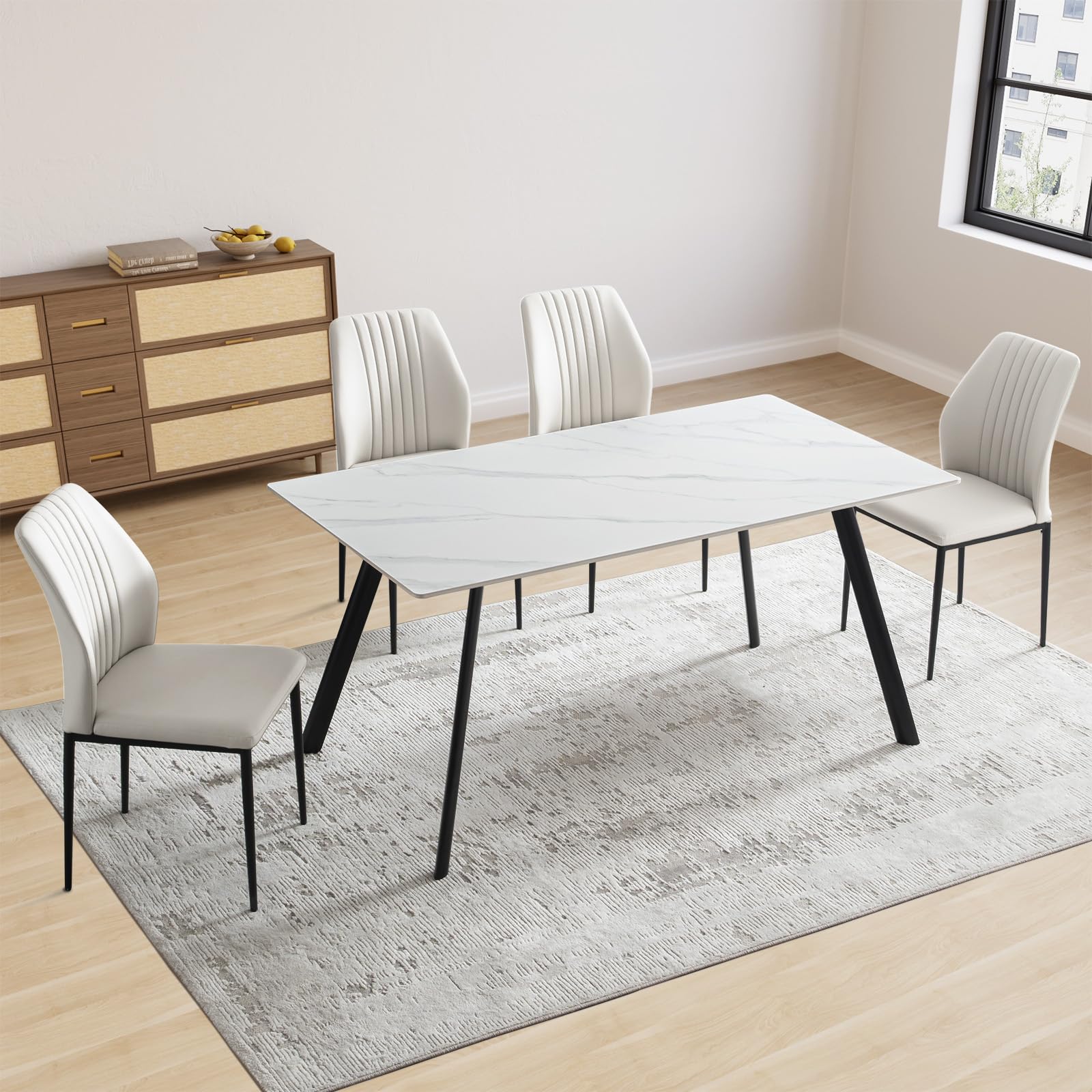 HIPIHOM Modern Kitchen Dining Slate Table and Chairs for 4,5 Pieces Rectangular Dining White Sintered Stone Table and Chairs Set 4 for Home, Kitchen, Living Room, Dining Room (Table+4 Beige Chairs)