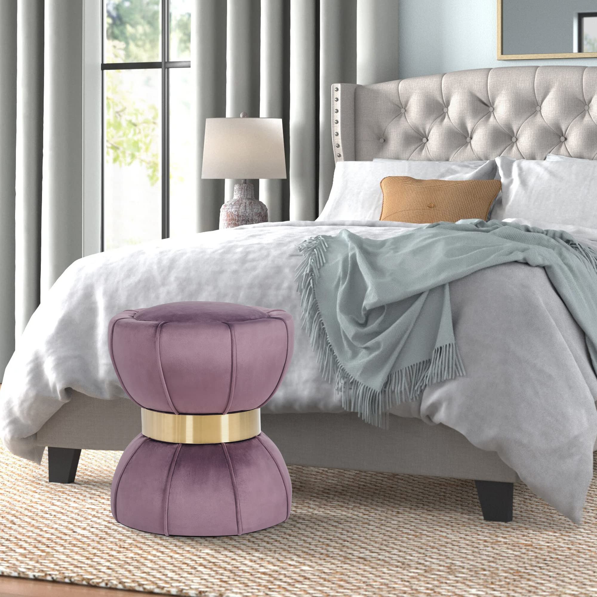 Joveco Round Velvet Ottoman, Upholstered Vanity Stool Footrest Footstool Side Table Seat with Metal Band for Makeup Room Living Room Bedroom (Purple)