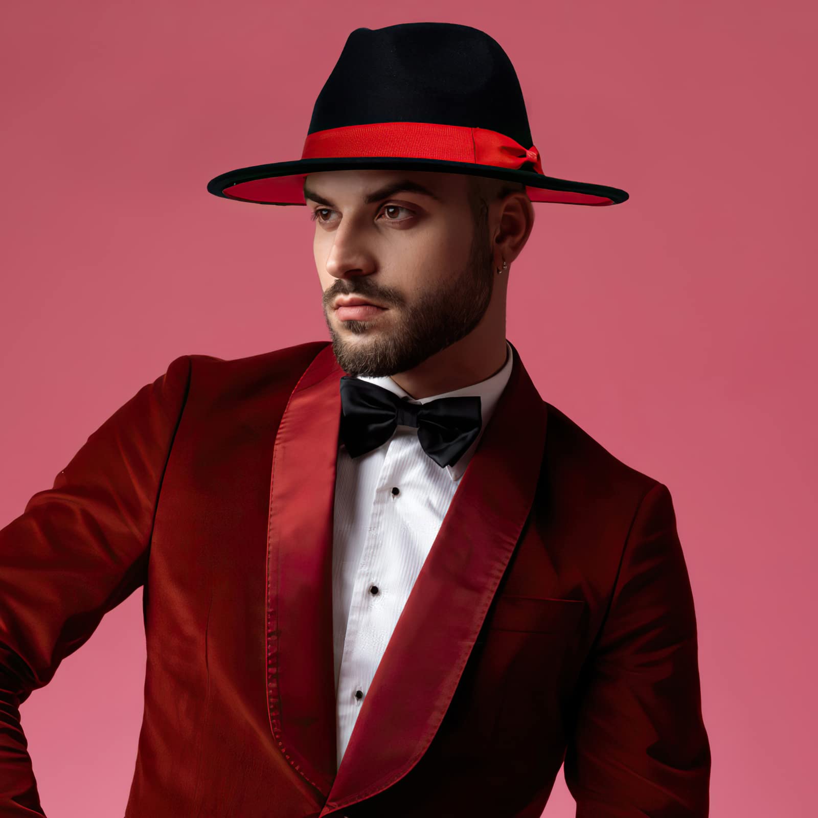 Kalerona Black Fedora Hats for Men with Red Band and Bottom Wide Brim Two Tone Hats