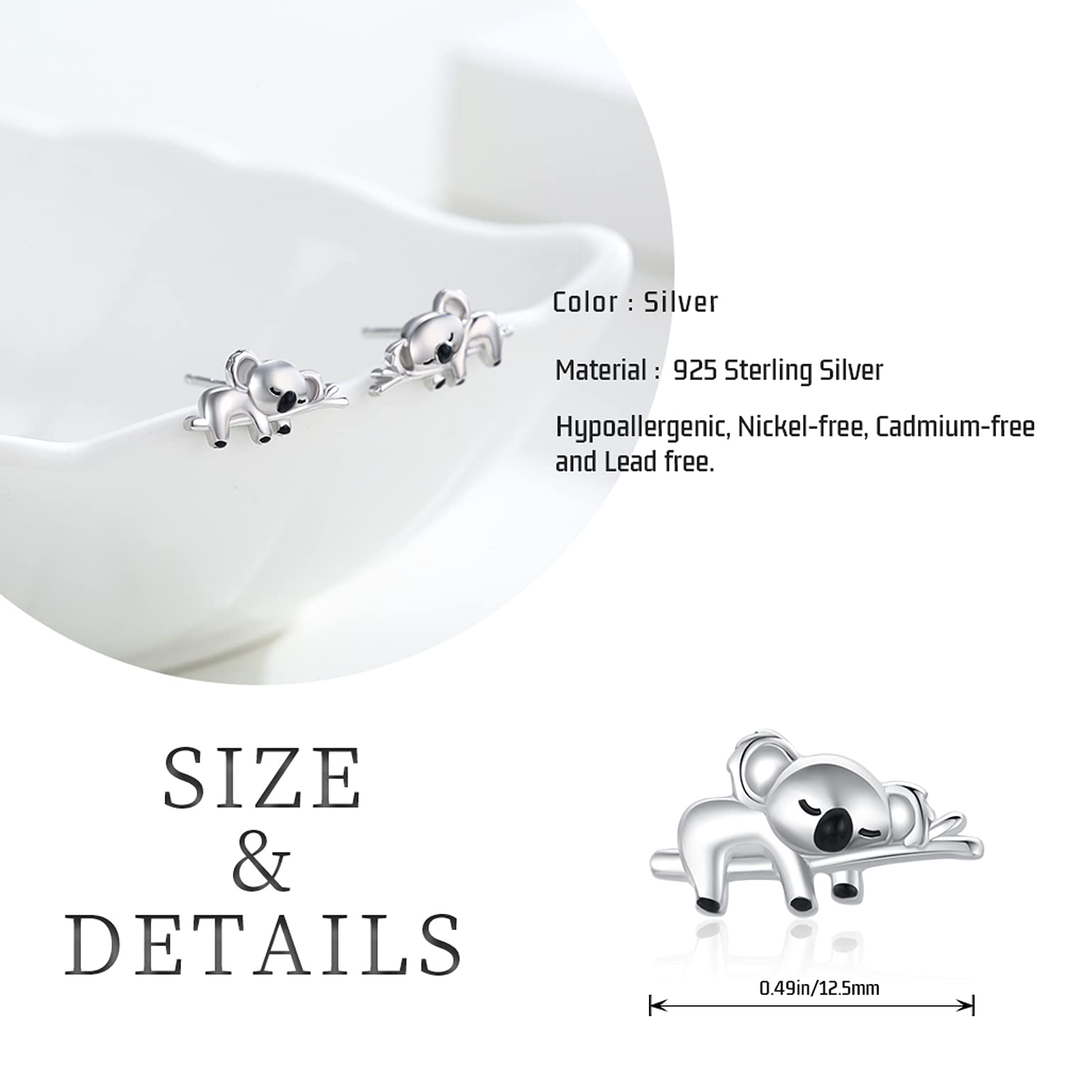 Koala Earrings 925 Sterling Silver Cute Koala Stud Earrings Koala Bear Jewelry Gift for Women Hypoallergenic Earrings for Sensitive Ears