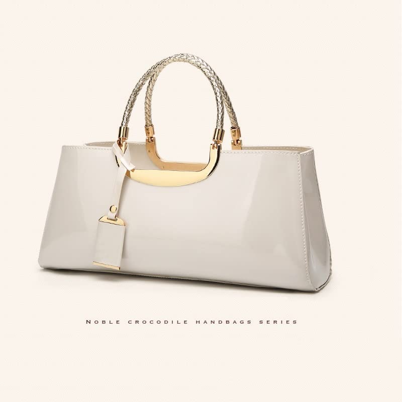 LMKIDS Glossy Faux Patent Leather Shoulder Handbag Women Evening Party Top Handle Satchel (White)