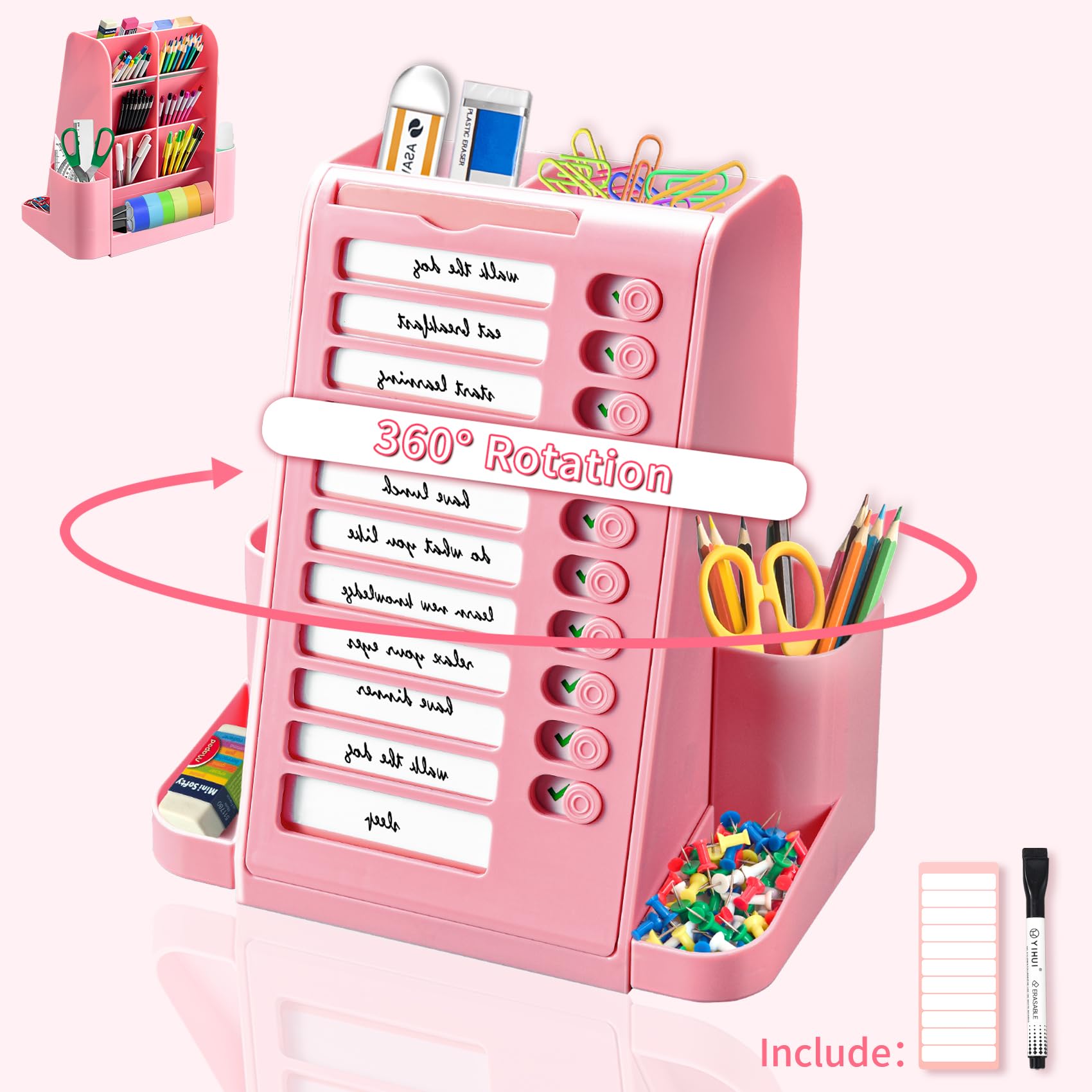 homyaco 360 Degree Dry Erase Chore Chart for kids, Rotating Pen Holder, Pencil Holder for Desk, Pen Organizer, Desk Organizers and Accessories, Cute Pencil Cup Pot for Office, School,Home(Pink)