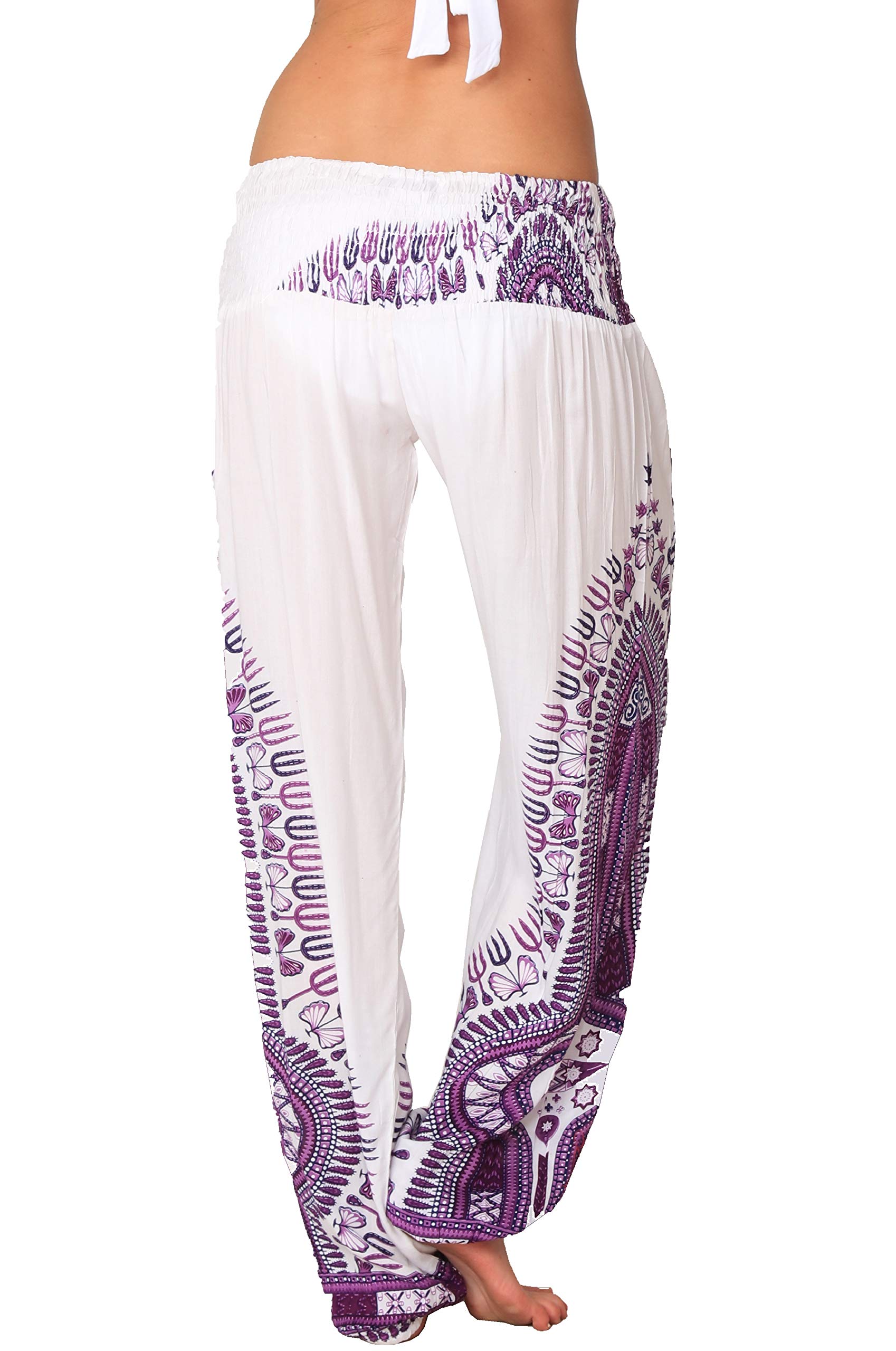 INGEAR Smocked Harem Pants Hippie Bohemian Casual Gypsy Print Yoga Baggy Boho (Medium, White/Purple)